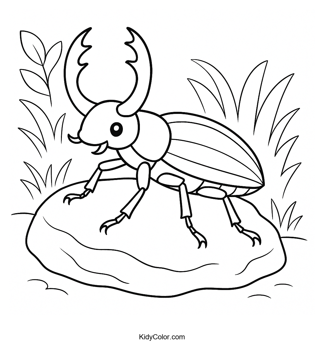 Cartoon Stag Beetle On Rock | Free Printable Coloring Pages for Kids
