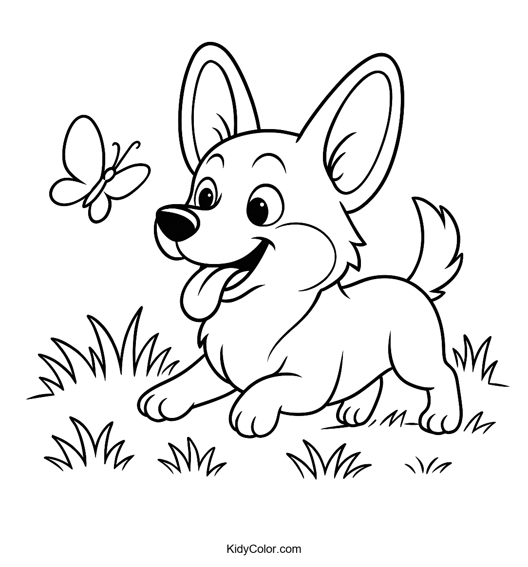Corgi Chasing Butterfly In Grass | Free Printable Coloring Pages for Kids