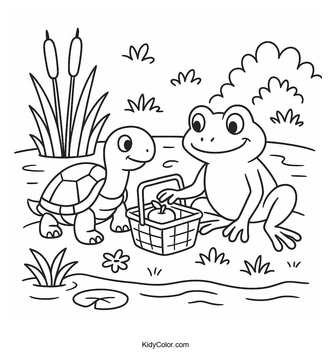 Frog And Turtle'S Picnic By The Pond | Free Printable Coloring Pages ...